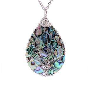 wire wrapped abalone teardrop necklace - handmade silver abalone shell water drop tree of life pendent jewelry for women