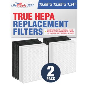 (2-pack) true hepa air cleaner filter replacement set + 4 odor carbon filters compatible with coway airmega 200m ap-1512hh mighty air cleaner # 3304899 by lifesupplyusa