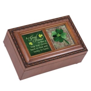 cottage garden good friend four leaf clover woodgrain rope trim petite music box plays irish lullaby