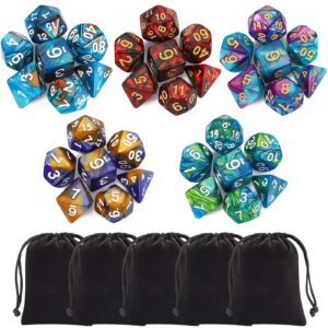 ciaraq polyhedral dice set (35 pieces) with black pouches, 5 complete double-colors dice sets of d4 d6 d8 d10 d% d12 d20 compatible with dungeons and dragons dnd rpg mtg table games