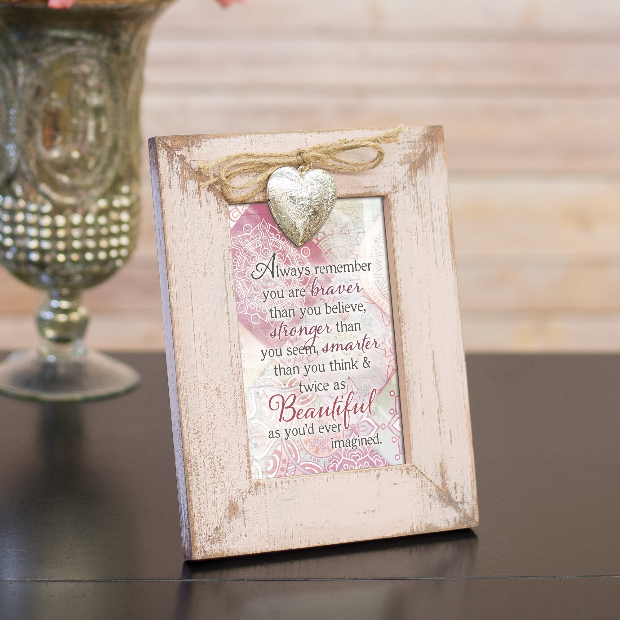 Cottage Garden Braver Stronger Beautiful Blush Pink Distressed Locket Easel Back Picture Frame