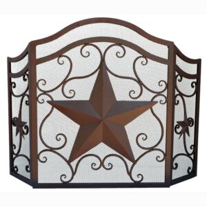 bestgiftever 3-panel fireplace screen decorative with stars & scrolls detail - stand alone fireplace cover metal mesh screen - home decor for cabin, lodge, and rustic country style firescreen