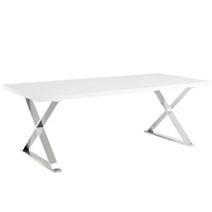 modway sector modern dining table with stainless steel metal x-base in white silver