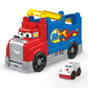 mega bloks first builders toddler blocks toy set, build & race rig with 16 pieces, sounds and storage, red, ages 1+ years