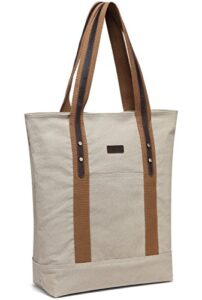 vaschy canvas tote bag, large vintage shopper travel tote wok bag for women with leather trim strap beige