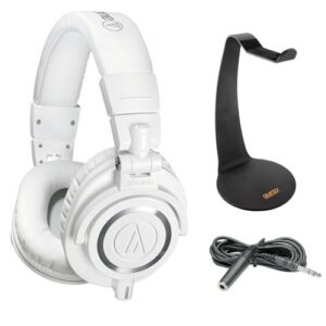 audio-technica ath-m50xwh monitor headphones (white) with headphone stand and headphone extension cable 10'