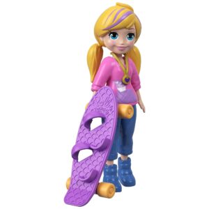 Polly Pocket 3" Doll with Iconic Outfit & Clip On Skateboard with Rolling Wheels