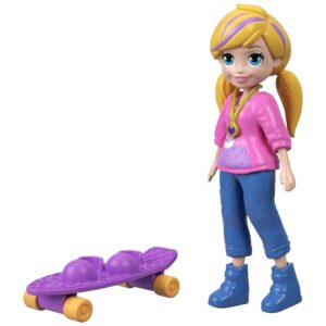 Polly Pocket 3" Doll with Iconic Outfit & Clip On Skateboard with Rolling Wheels