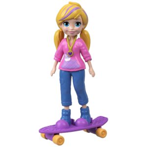 polly pocket 3" doll with iconic outfit & clip on skateboard with rolling wheels