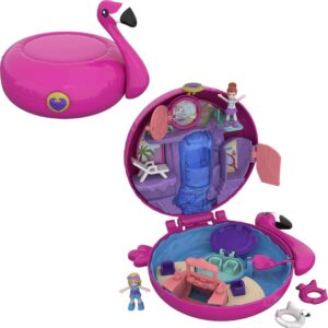 polly pocket compact playset, flamingo floatie with 2 micro dolls & accessories, travel toy with surprise reveals