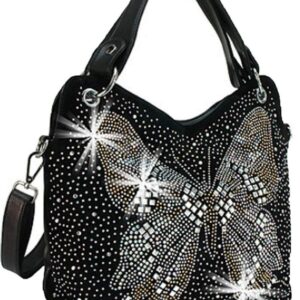 Zzfab Butterfly Double Handles Women Large Rhinestone Purse Black