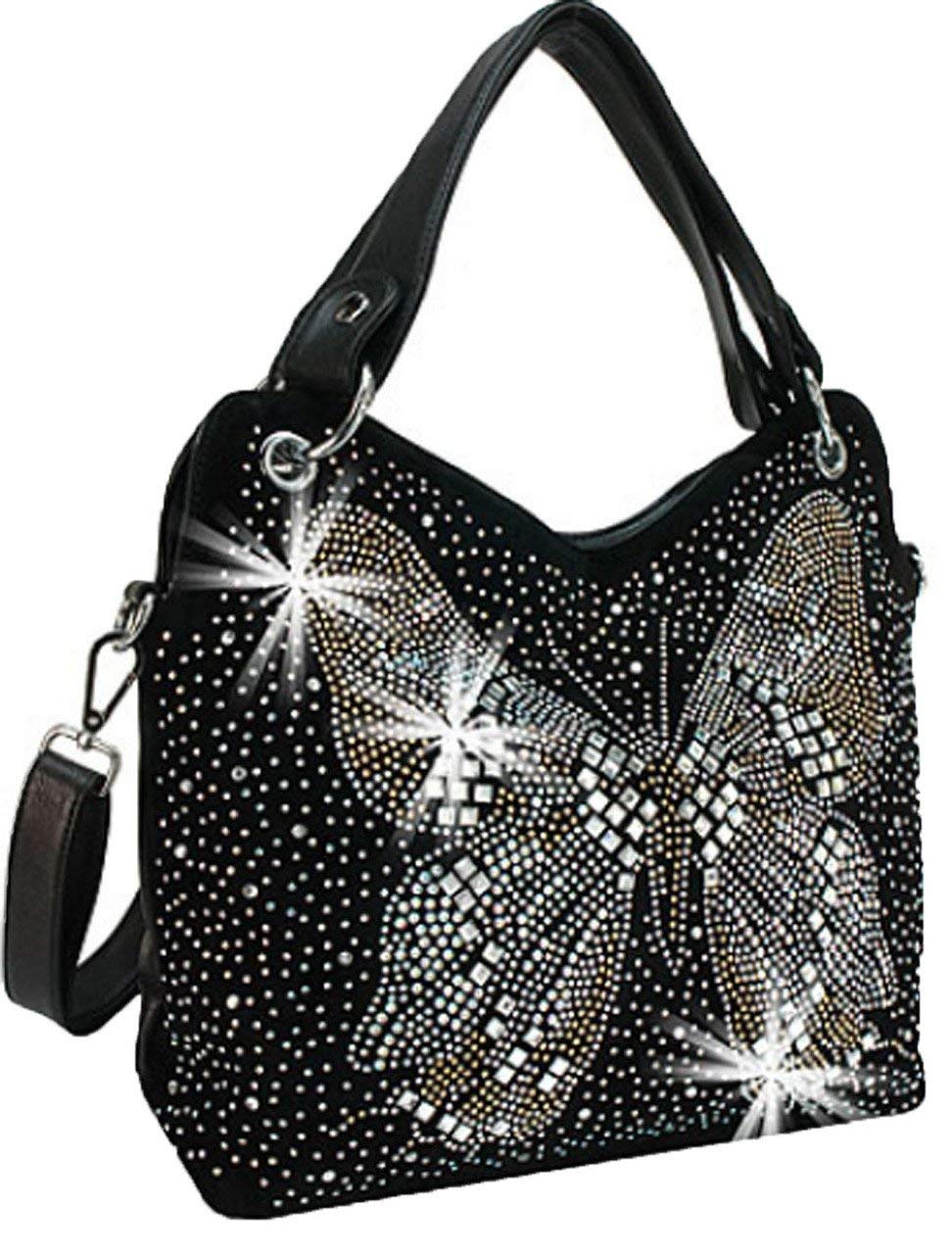 Zzfab Butterfly Double Handles Women Large Rhinestone Purse Black