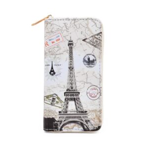 eiffel tower & map print pu leather continental zip around wallet, large