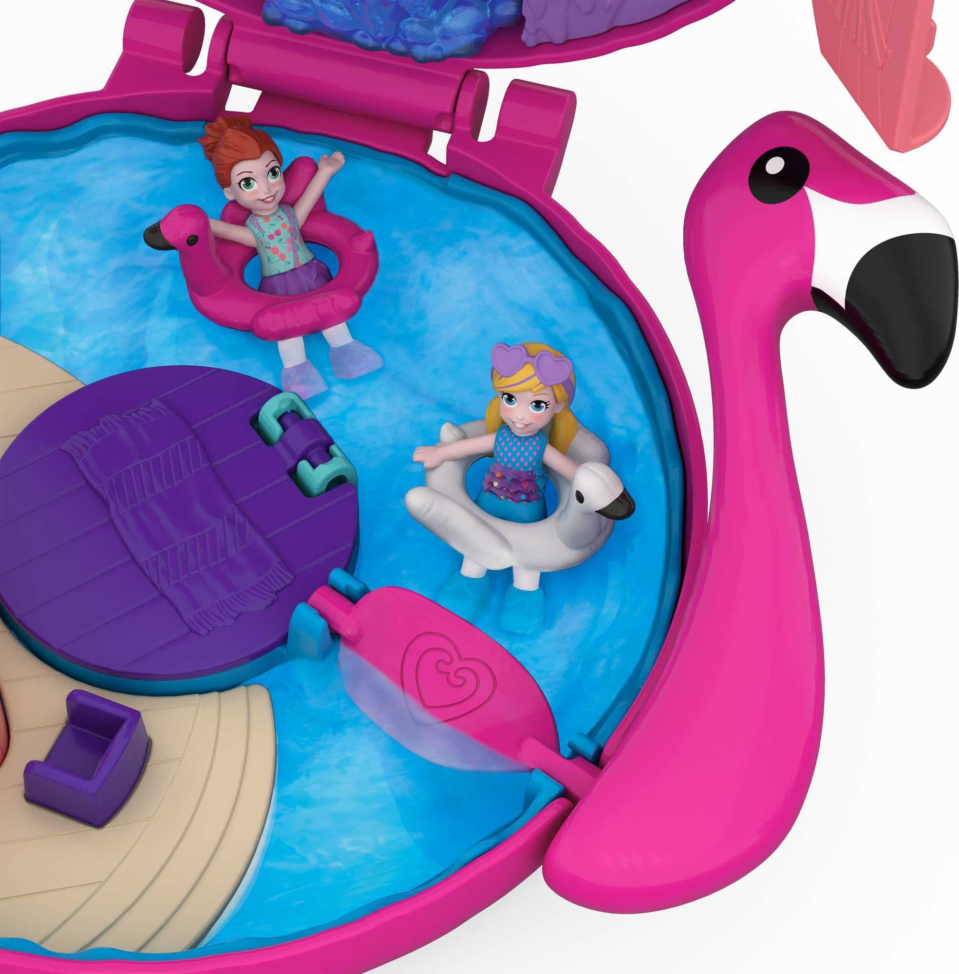 Polly Pocket Compact Playset, Flamingo Floatie with 2 Micro Dolls & Accessories, Travel Toy with Surprise Reveals