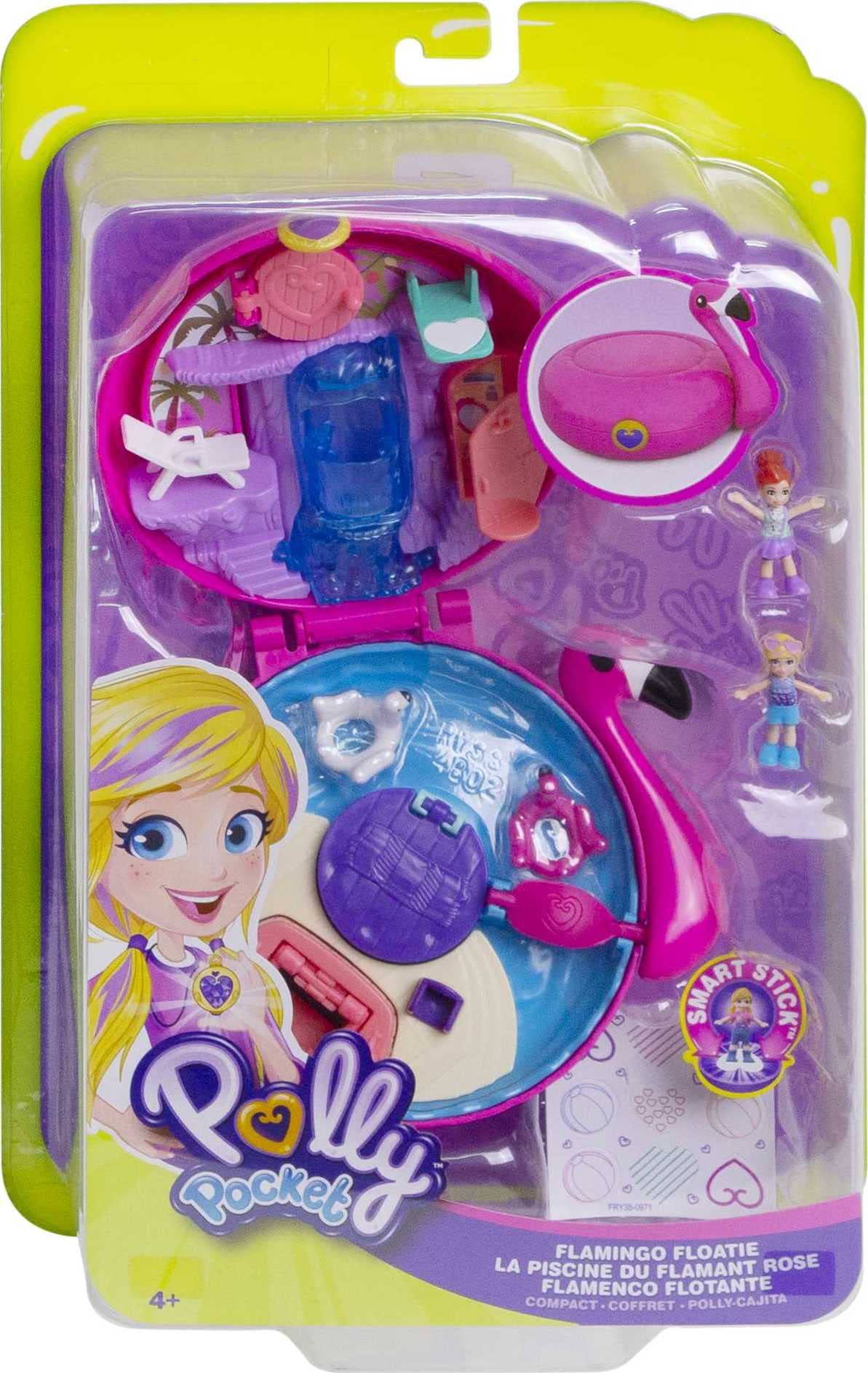 Polly Pocket Compact Playset, Flamingo Floatie with 2 Micro Dolls & Accessories, Travel Toy with Surprise Reveals