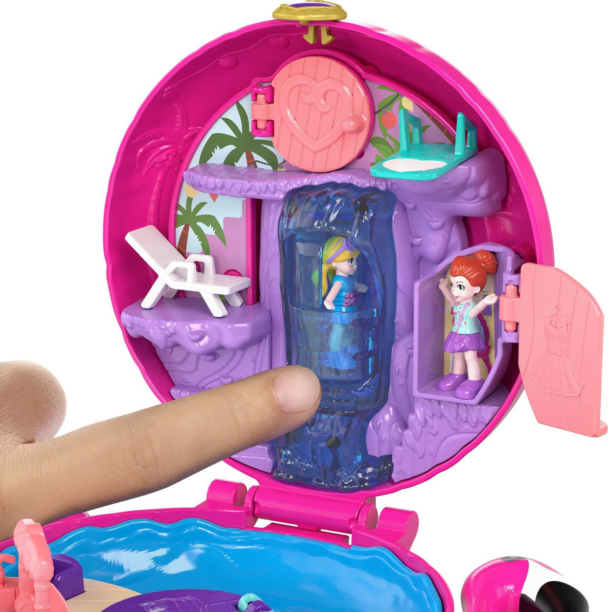 Polly Pocket Compact Playset, Flamingo Floatie with 2 Micro Dolls & Accessories, Travel Toy with Surprise Reveals