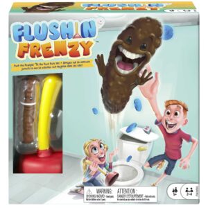 mattel games flushin' frenzy kids game, family game with toilet & plunger, grab the flying poop for 2-4 players