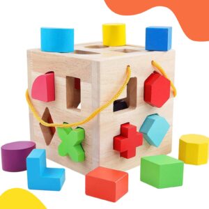 qzmtoy shape sorter toys with 19 shape blocks,shape sorting cube toy box classic wooden toys for toddlers kids,gift for girls boys 2-4(natural solid wood)