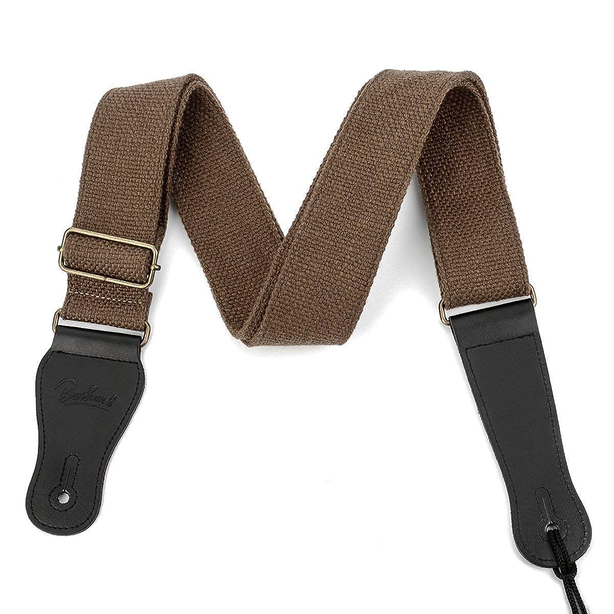 BestSounds Guitar Strap 100% Soft Cotton Genuine Leather Ends Strap for Acoustic Guitar, Electric Guitar, Bass & Mandolins (Coffee)