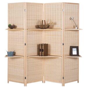 rhf 6 ft tall (extra wide) beige woven bamboo room divider&room dividers and folding privacy screens,partition wall, with 2 display shelves&room divider with shelves-bamboo -4 panels 2 shelves