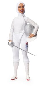 barbie ibtihaj muhammad doll with fencing uniform, hijab, sabre and mask