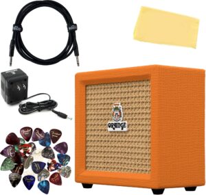 orange crush mini guitar combo amplifier bundle with power supply, instrument cable, 24 picks, and austin bazaar polishing cloth