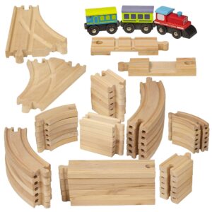 dragon drew wooden train tracks - 55 piece - compatible with brio, thomas, chuggington and all major brands – accessories and expansion kit includes 52 tracks and 3 cute cars