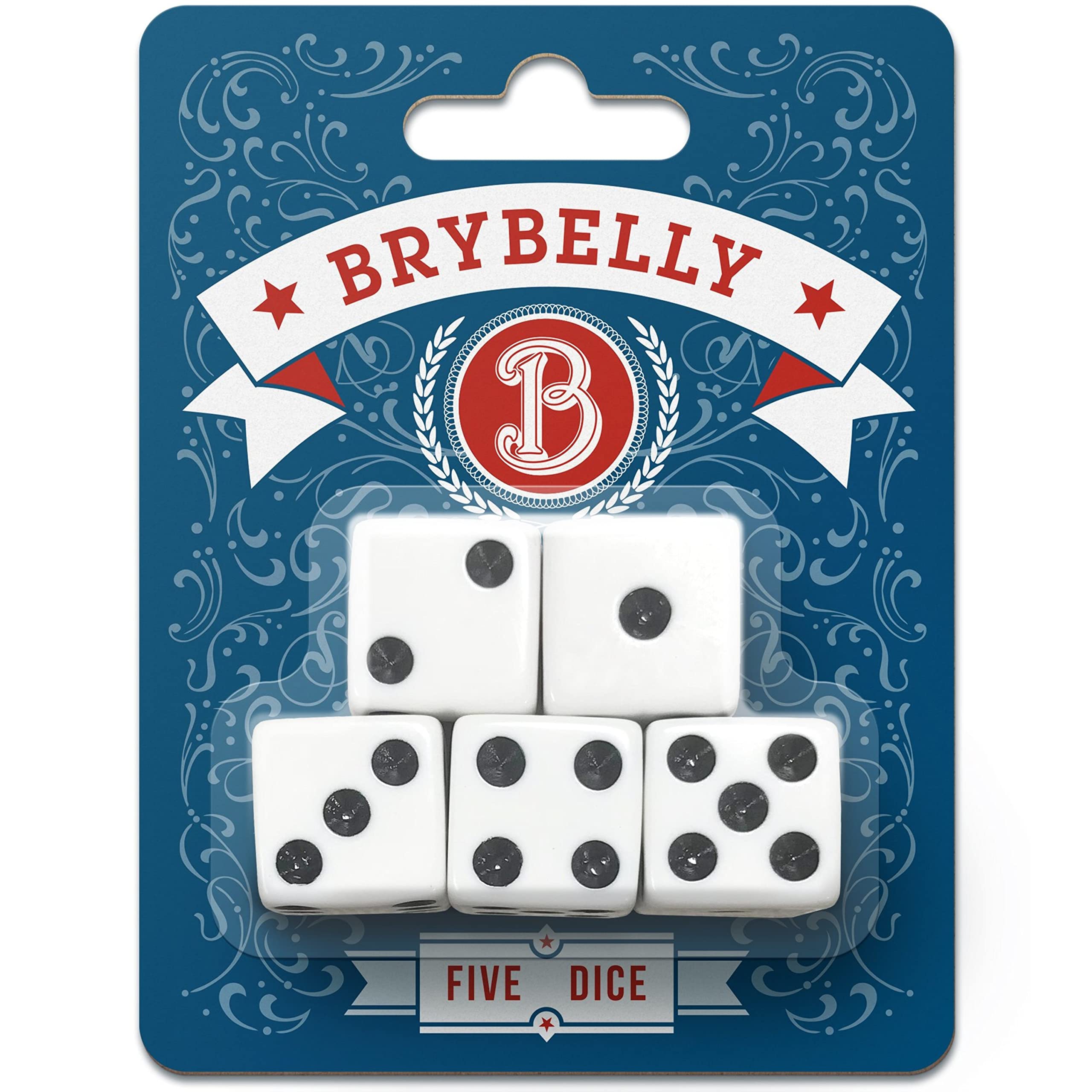 Classic White Game Dice for Playing Board Games and Card Games, 5-Pack Set - 16mm Regular Pipped Six-Sided Dice by Brybelly