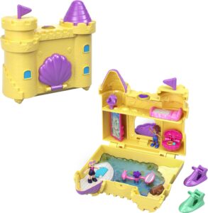 polly pocket travel toy with 2 micro dolls, dolphin pet & water play accessories, pocket world surf ‘n’ sandventure playset