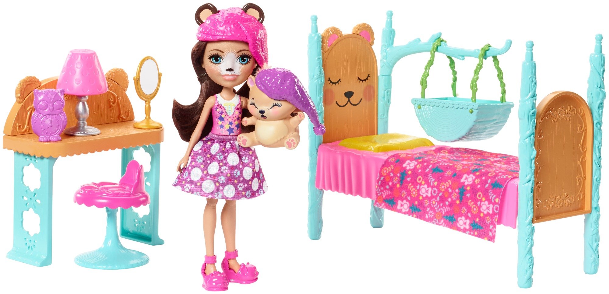 Mattel Enchantimals Sleepover Bedroom Playset – Bren Bear doll (6-in) and Snore Animal Figure