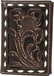 ariat floral inlay buck edge trifold wallet accessory, brown, na