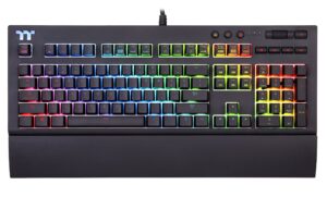 thermaltake tt premium x1 rgb smartphone enabled voice-controlled ai 16.8 million color with 12 lighting effects cherry mx blue switches mechanical gaming keyboard kb‐tpx‐blbrus‐01