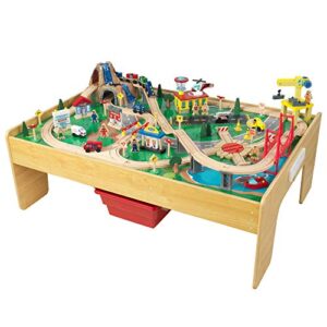 kidkraft adventure town railway wooden train set & table with ez kraft assembly™ with 120 accessories and storage bins, gift for ages 3+