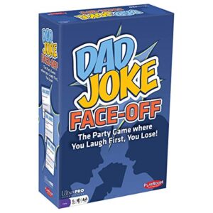 dad joke face-off - you laugh first, you lose, funny hilarious family party game with 600 jokes, joke challenge for 2-12 players, fast-paced laughter game, competitive humor, quick 30-minute playtime