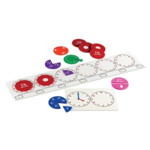 hand2mind fraction time activity set, learn to tell time fraction manipulatives, elapsed time clock, analog learning clock, telling time teaching clock activities, manipulatives for elementary school