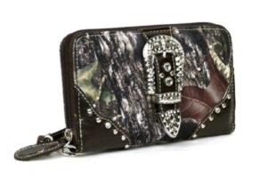 dh jp camo bling rhinestone belt buckle womens western zipper wristlet wallet (brown)