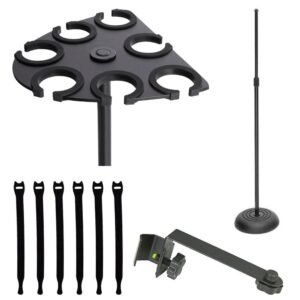 on stage round base microphone stand, black + mic holder + mic extension attachment bar + strapeez - top value microphone accessory kit