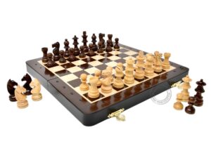 house of chess - 10 inch wooden magnetic folding travel chess set/board with 2 extra knights, 2 extra pawns, 2 extra queens and algebraic notation - handmade - premium quality