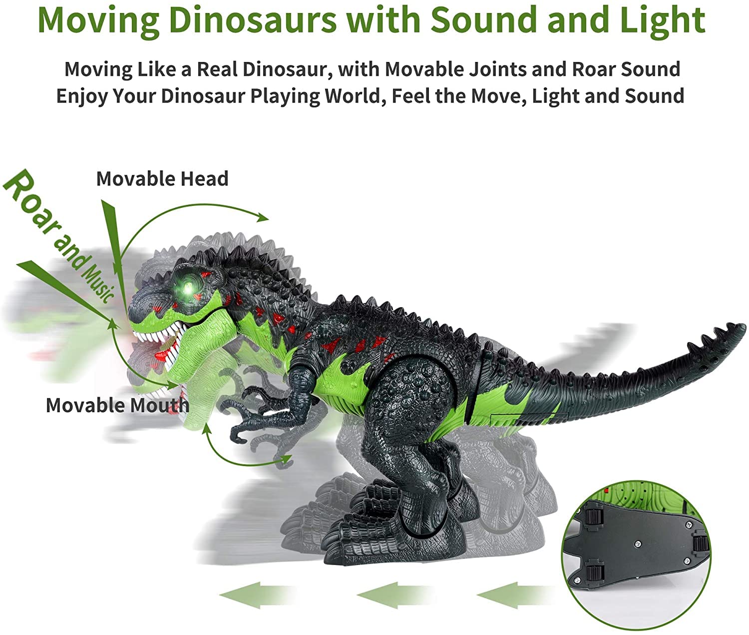 SY JOYSAE WonderPlay Tyrannosaurus T-Rex Dinosaur with Lights and Realistic Sounds Action Figure Toy - Light Up Eyes, Awesome Sounds - Walks on Its Own! - Great Gift Boys 3+,Battery Operate (Green)