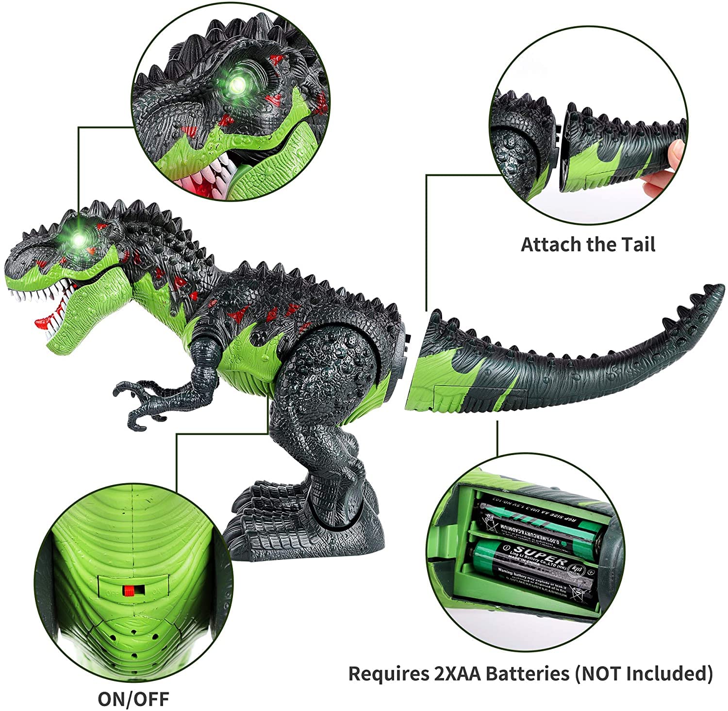 SY JOYSAE WonderPlay Tyrannosaurus T-Rex Dinosaur with Lights and Realistic Sounds Action Figure Toy - Light Up Eyes, Awesome Sounds - Walks on Its Own! - Great Gift Boys 3+,Battery Operate (Green)