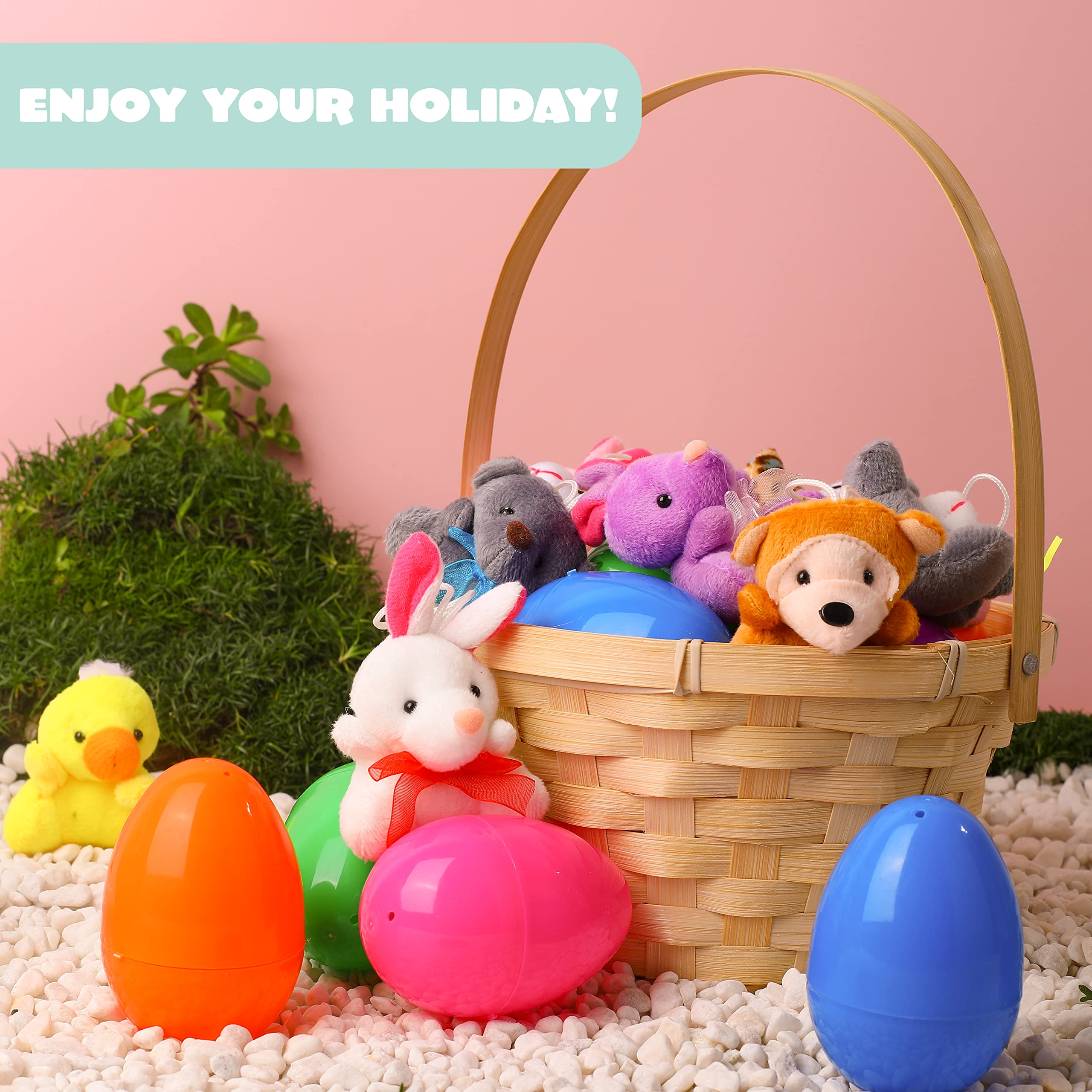 JOYIN 12 Pcs Prefilled Easter Eggs of Mini Stuffed Animal Plush Toys Easter Basket Stuffer for Kids Easter Egg Hunt Filler Stuffer