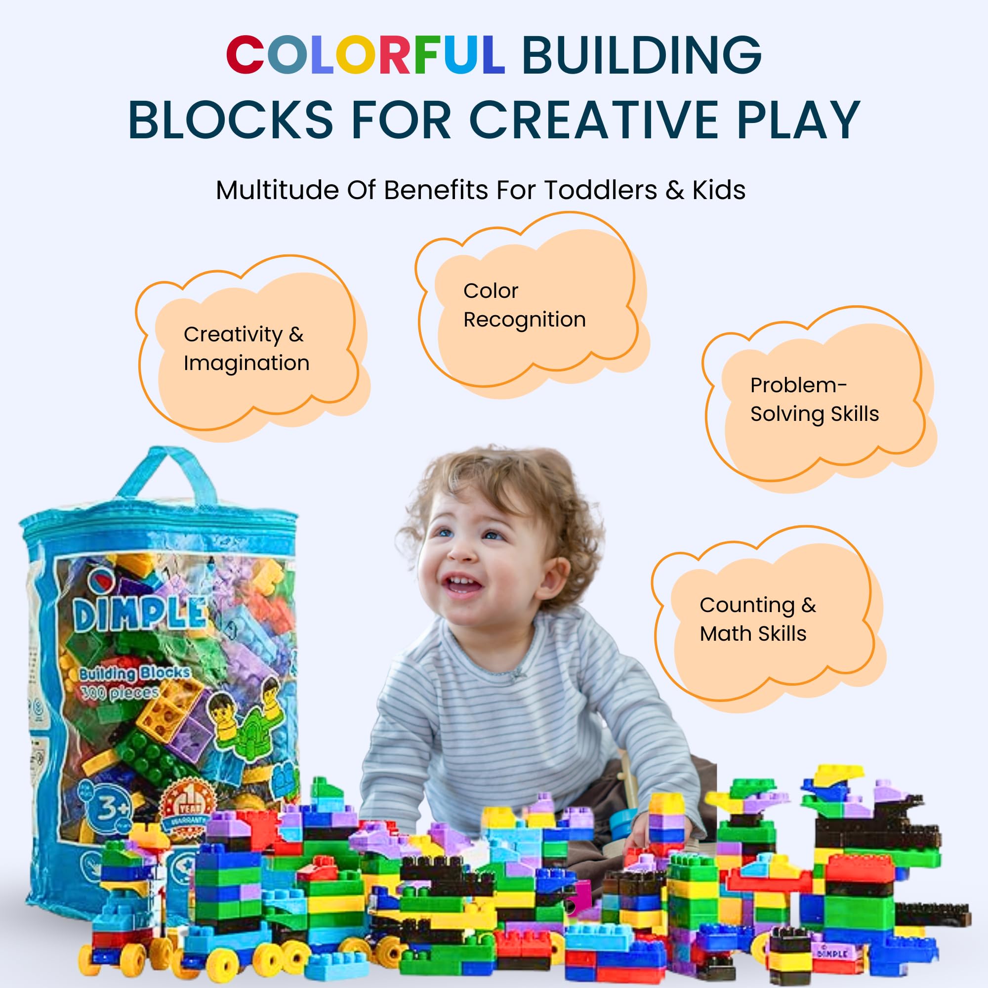 Dimple Building Blocks for Toddler (300 Pcs) Stacking Toys & Puzzle Games for Learning and STEM Fun Montessori Toys, Educational Baby Blocks Age 3+ Toddler Boy & Girl Birthday for Kids