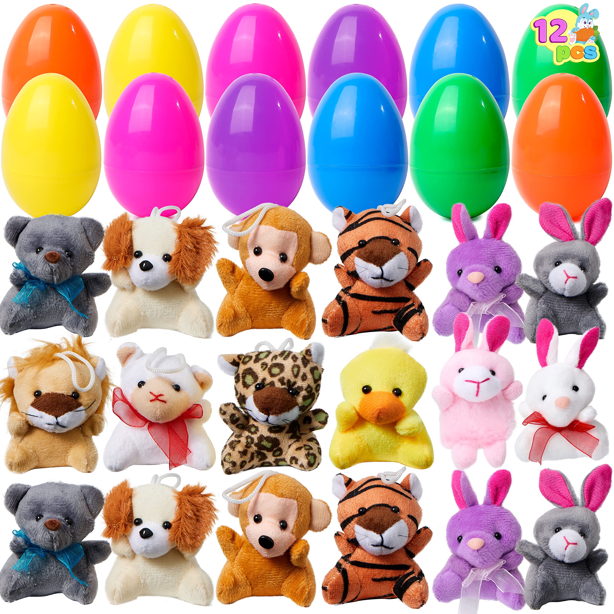 JOYIN 12 Pcs Prefilled Easter Eggs of Mini Stuffed Animal Plush Toys Easter Basket Stuffer for Kids Easter Egg Hunt Filler Stuffer