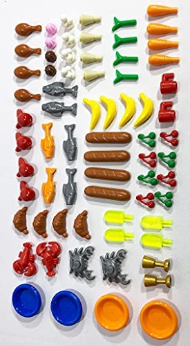 Brick Loot Over 90 Pcs Toy Sushi Food Building Blocks - City Kitchen Maki Roll Accessories Pack - Fits Lego Minifigures, Carrots Lobsters Crabs Bread Plates Apples Cherries Chicken Fish, Ice Cream