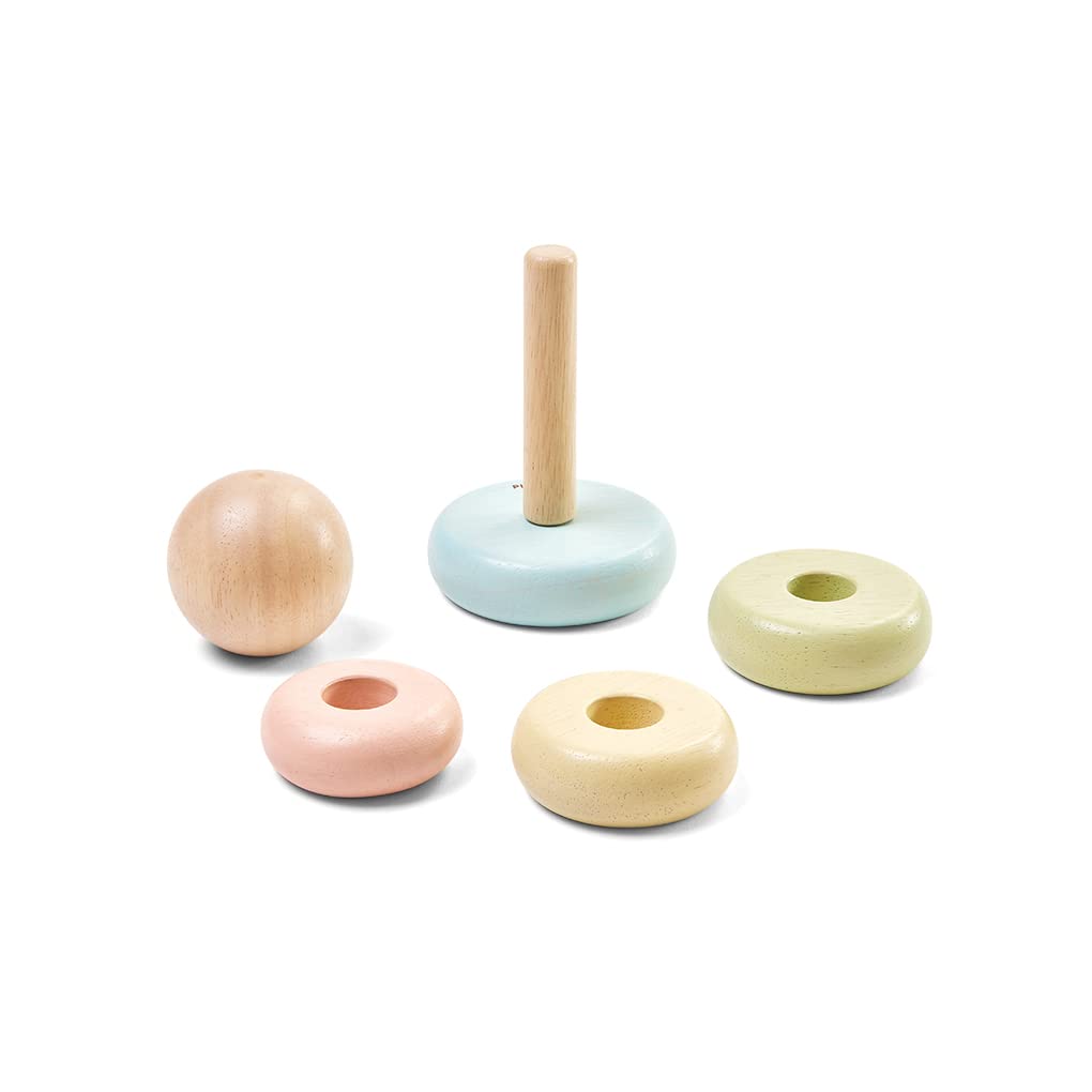 PlanToys First Stacking Rings Baby Toy - Sustainably Made from Rubberwood Featuring Organic-Pigment Coloring and Water-Based Dyes with Collapsible Central Rod for Safety