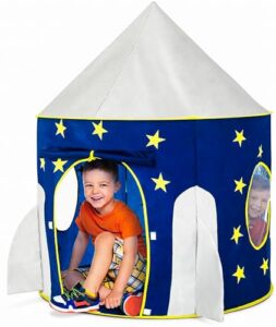 foxprint rocket ship tent - space themed pretend play tent - space play house - spaceship tent for kids - foldable pop up star play tent blue