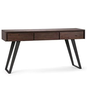 simplihome lowry solid acacia wood and metal 60 inch wide modern industrial console sofa table in distressed charcoal brown, for the living room, entryway and bedroom