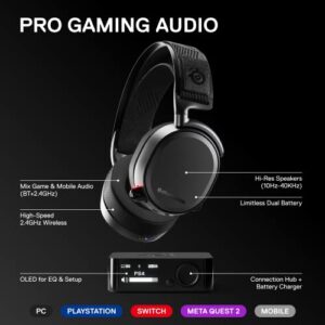 SteelSeries Arctis Pro Wireless Gaming Headset - High Fidelity 2.4 GHz Wireless - Mixable Bluetooth - Non-Stop Dual Battery - OLED Base Station - AI Noise Canceling Mic - PC, PS5, PS4, Mobile - Black