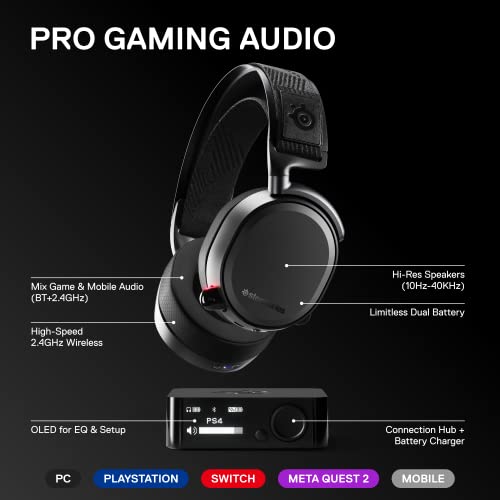 SteelSeries Arctis Pro Wireless Gaming Headset - High Fidelity 2.4 GHz Wireless - Mixable Bluetooth - Non-Stop Dual Battery - OLED Base Station - AI Noise Canceling Mic - PC, PS5, PS4, Mobile - Black