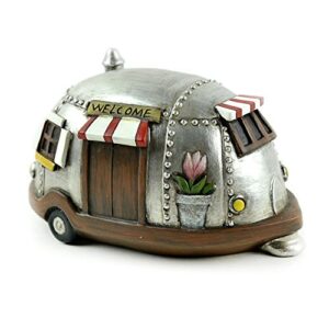 mwd 55873 miniature fairy garden retro airstream rv camper trailer metal look with welcome sign for summer home decor mini gardening terrariums dollhouse camping lovers, resin, 4" x 7" x 4"